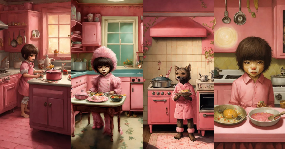 Lexica - Cute werewolf boy in a pink kitchen cooking their meal by mark ...