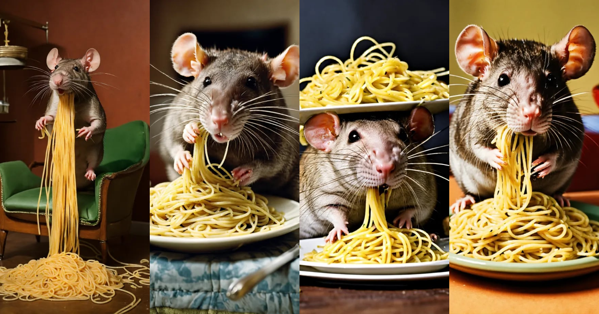 Lexica - A large rat eats spaghetti while sitting on top of borat's head