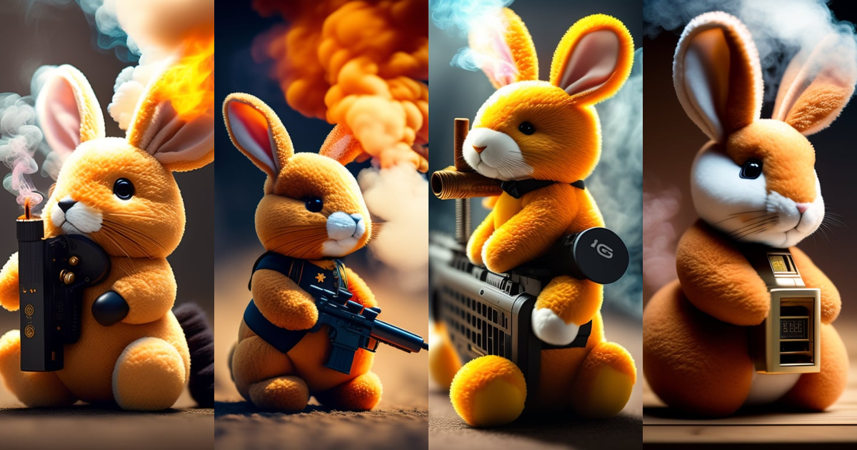Lexica - Plush rabbit with a machine gun smokes a cigar nuclear explosion