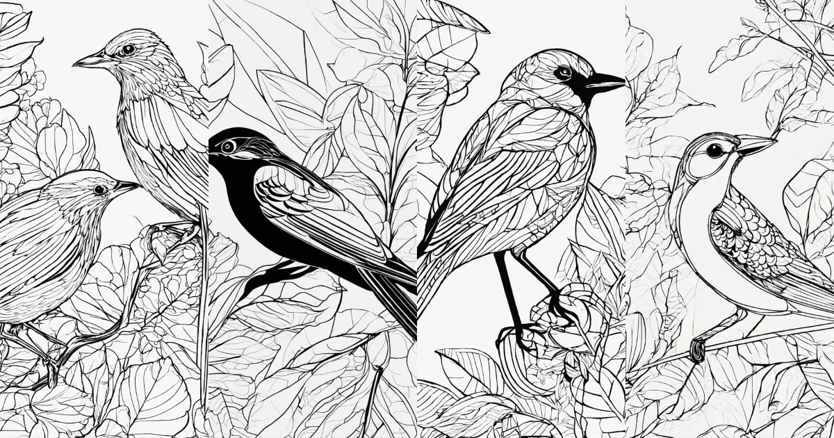 Lexica - Outline birds, bold black lines on a white background