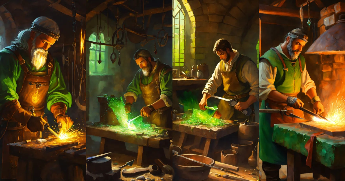 Lexica - Fantasy painting of Medieval Blacksmith, forging a green ...