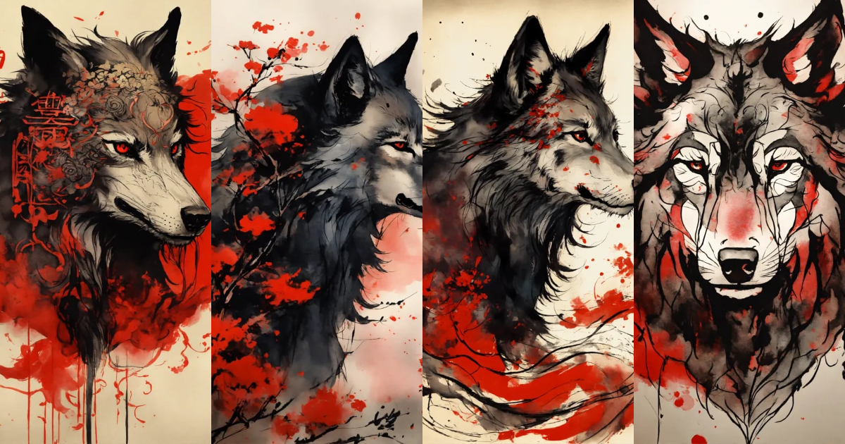 Lexica - Shuǐmò huà, 水墨画, black and red ink, a wolf in chinese style ...