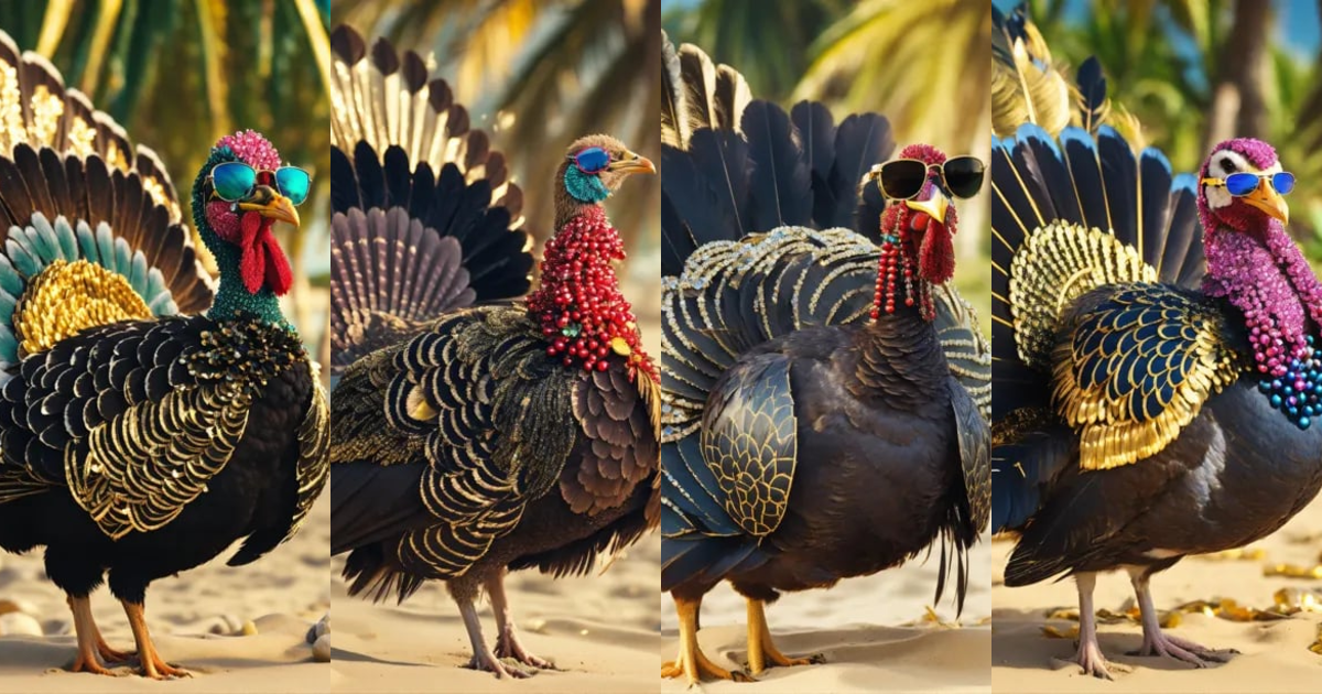 Lexica - Lucky Turkey with sunglasses on the beach with gold and ...