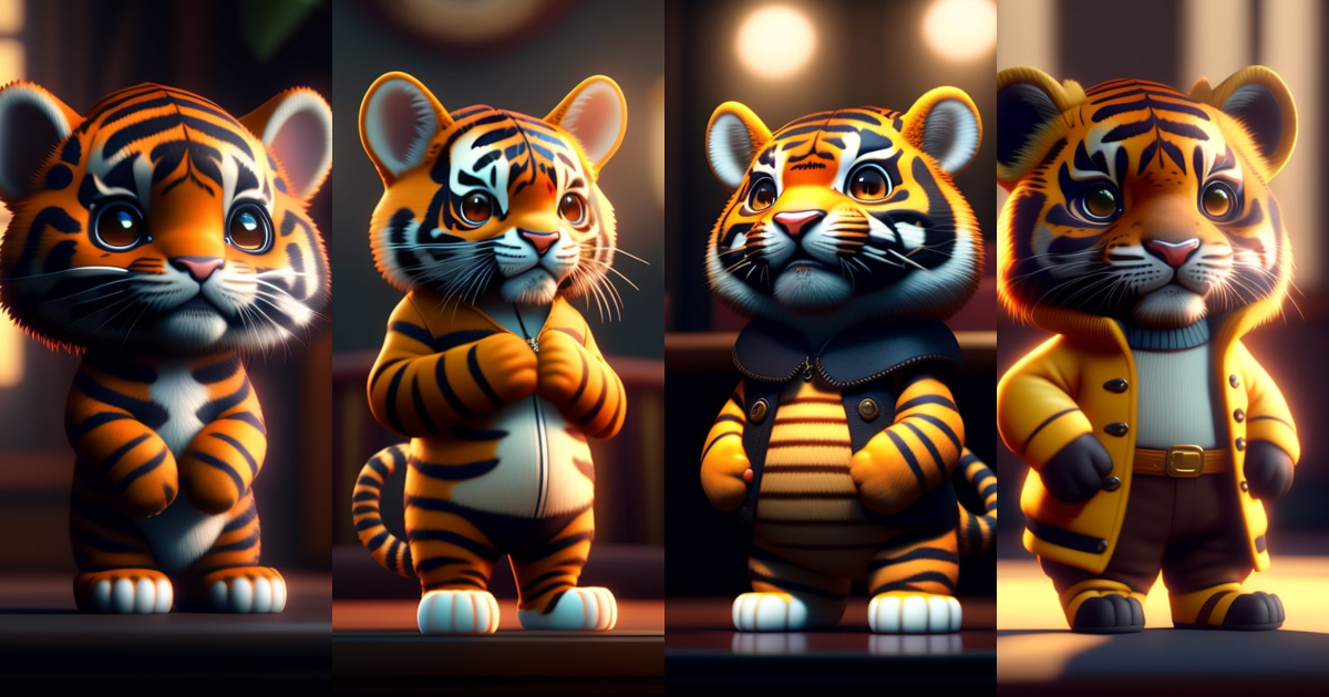 Lexica - Cute small tiger standing on 2 feet on theater wearing ...