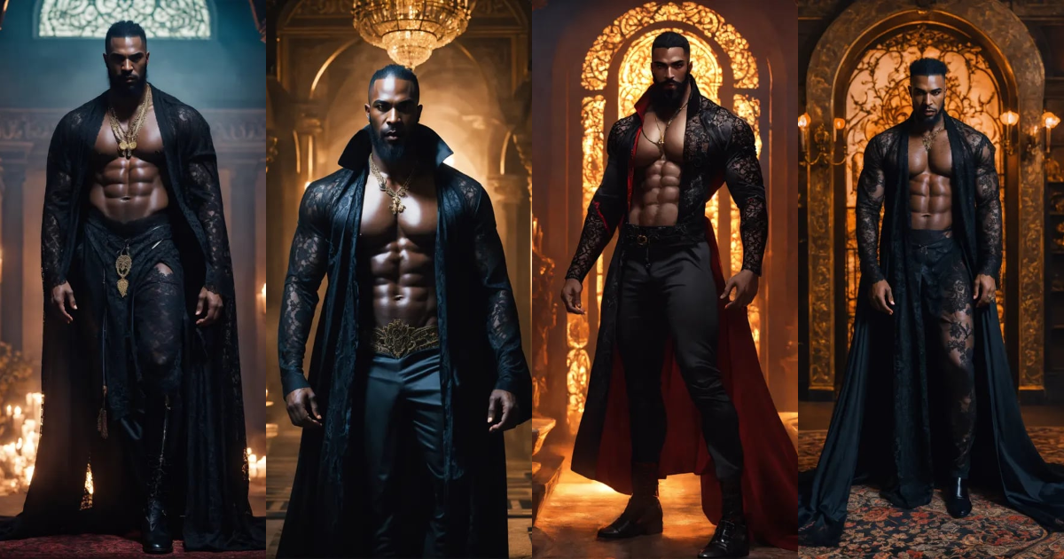 Lexica - Full shot of a black vampire god in beautiful sheer lace robe ...