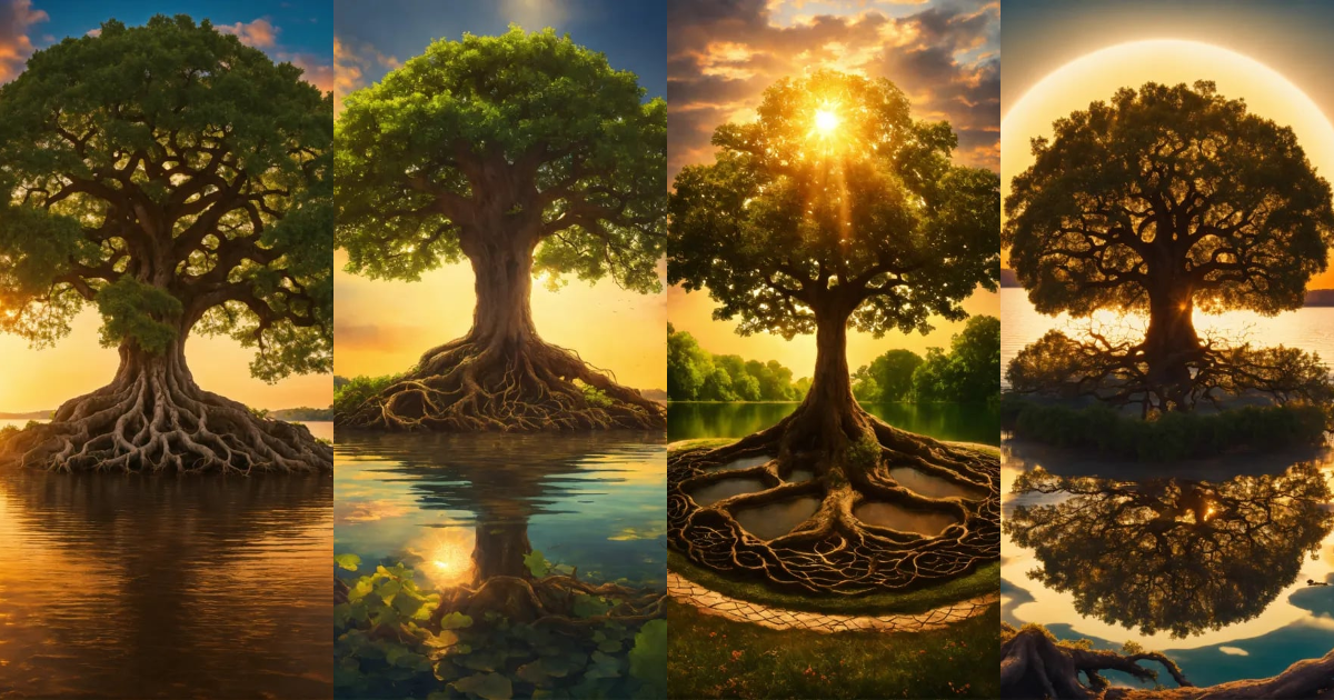 Lexica - Oak tree of life / lake in the background/roots visible/sun in ...