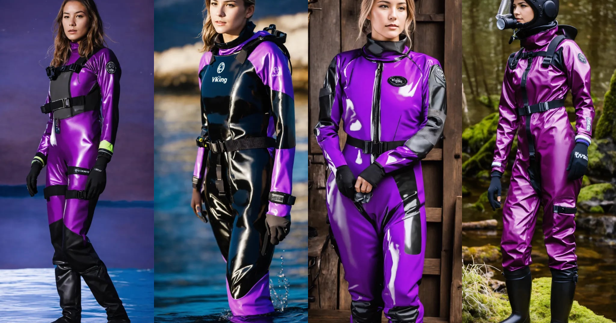 Lexica - Female diver in purple and black glossy viking drysuit