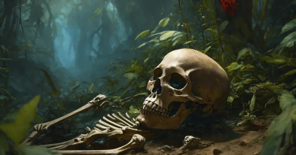 Lexica - Close up, pirate skeleton laying on the ground Of the jungle ...