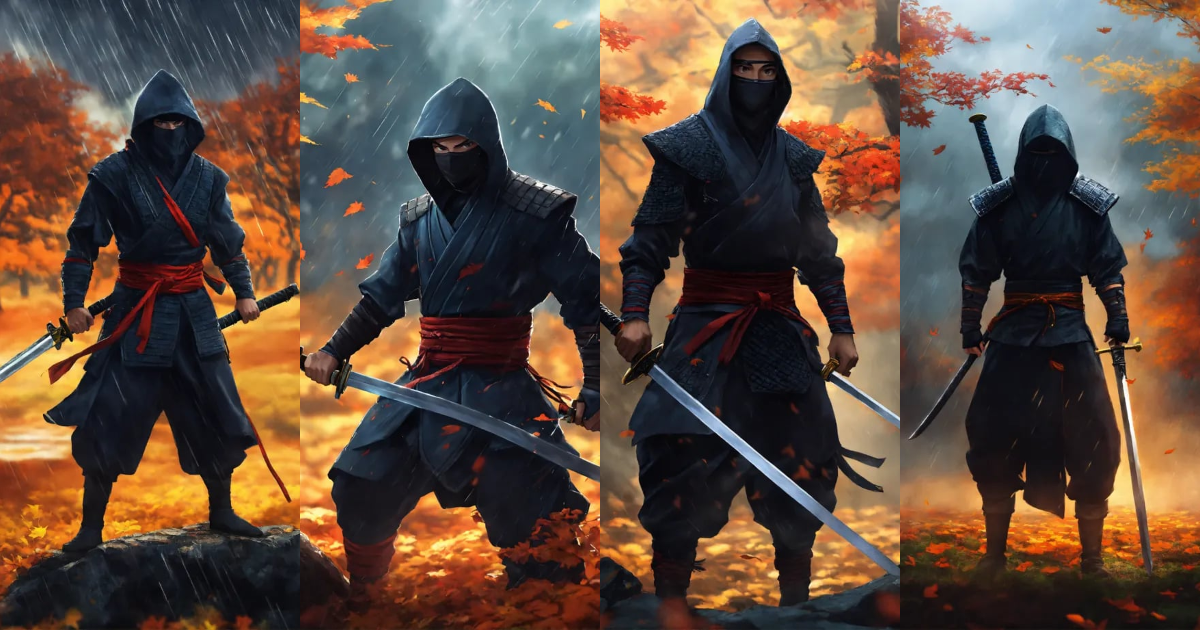 Lexica - Animated. Ninja holding his sword. Standing in a autumn storm.