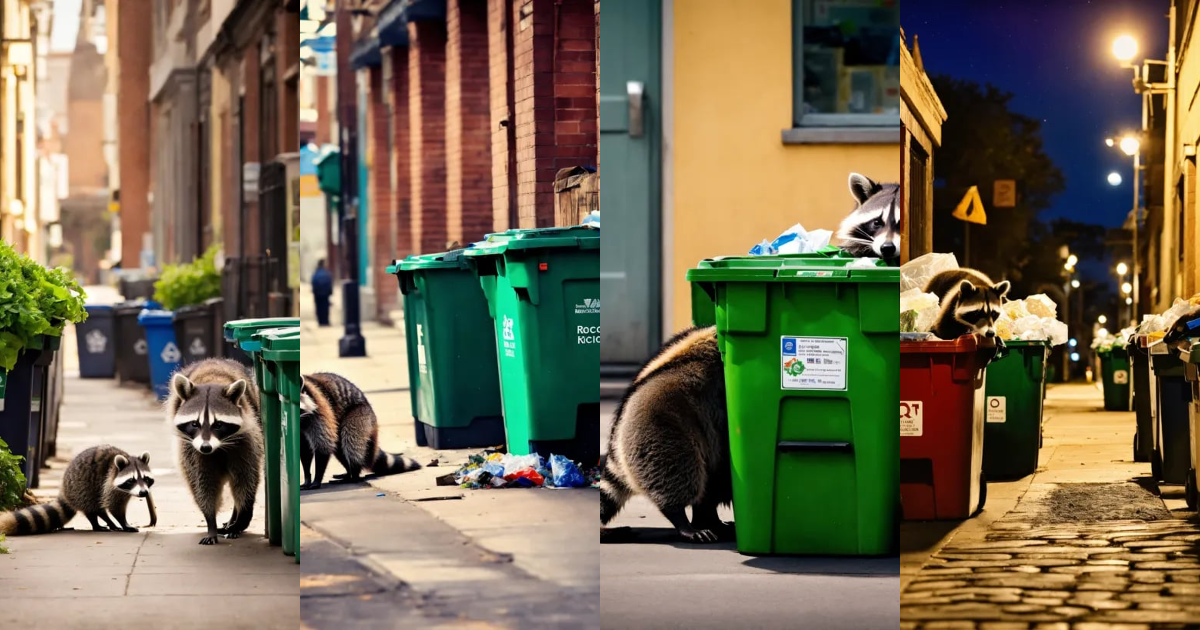 Lexica - A photograph of a raccoon digging through recycling bins on a ...