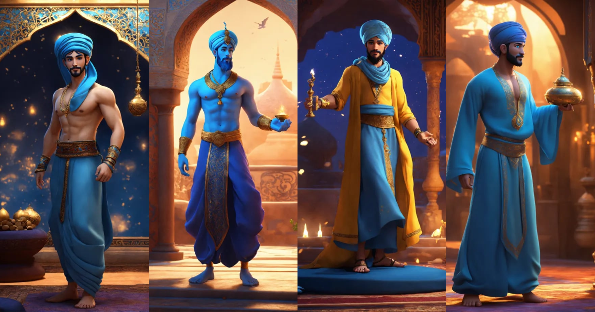 Lexica - Create a 3D rendering of a magical Arabian male genie with ...