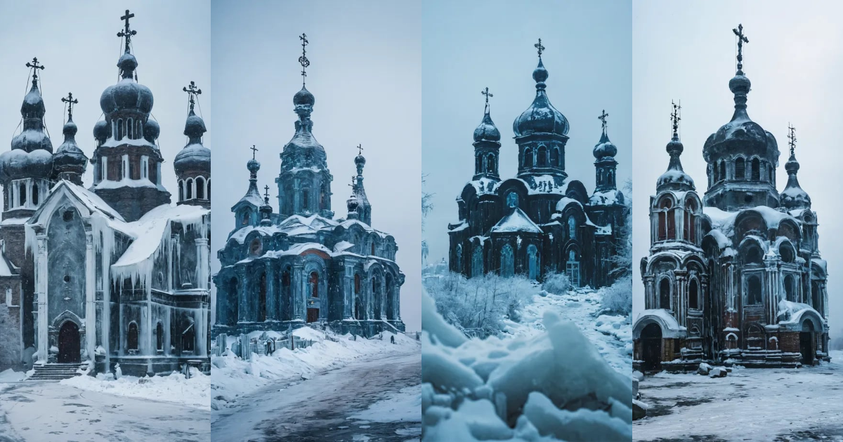Lexica - A huge orthodox church in a blizzard made of ice