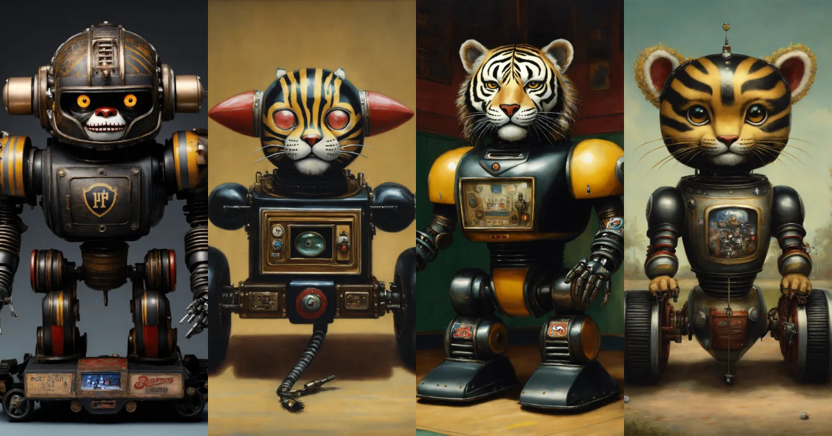 Lexica - A nfl player robot ride a robot black tiger, by Mark Ryden