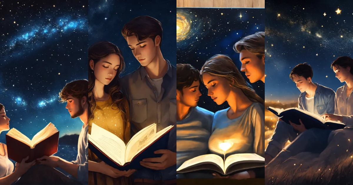 Lexica - Realistic drawing of three lovers with a book in her hands, in ...