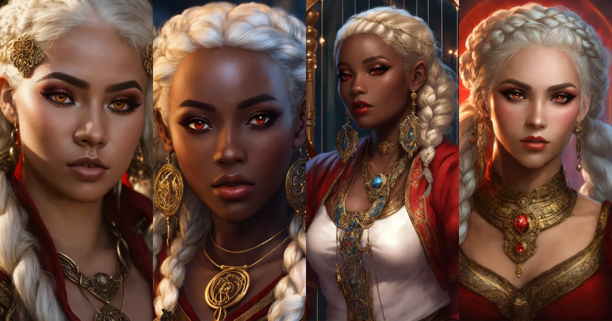Lexica - Portrait of a dwarf bard, dark skin, braided platinum blonde ...