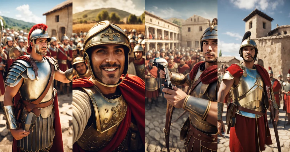 Lexica - Roman soldier guard taking selfie with villagers, hype ...