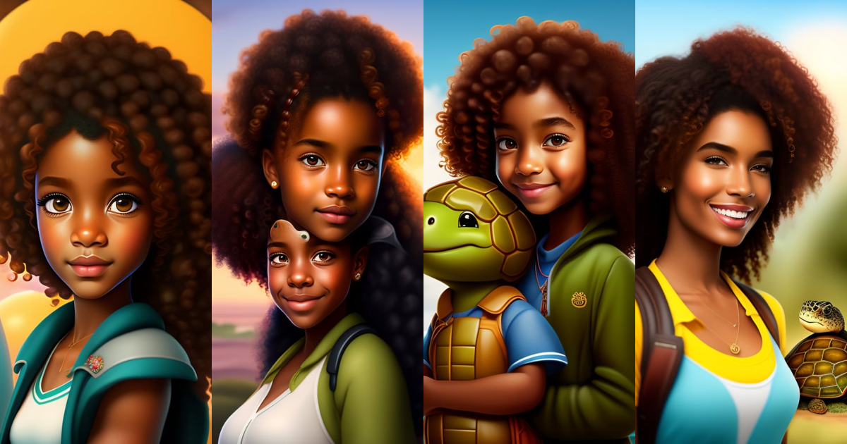 Lexica - Cartoon Brown and curly haired young female with a turtle on ...