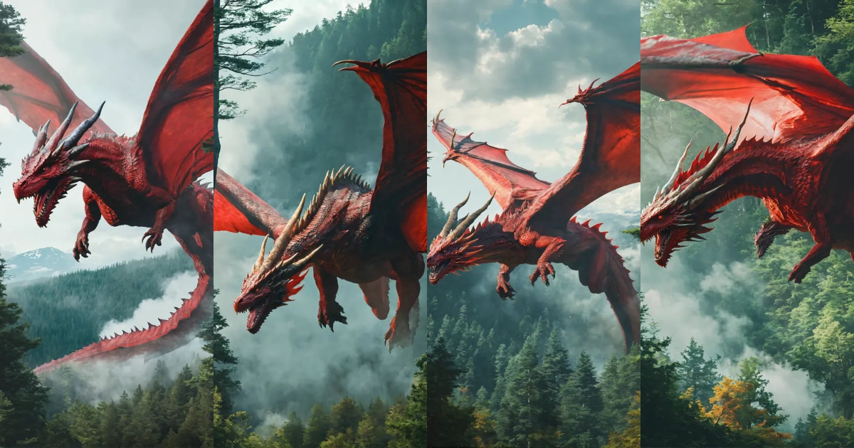 Lexica - Realistic gigantic fierce red dragon flying over a forest