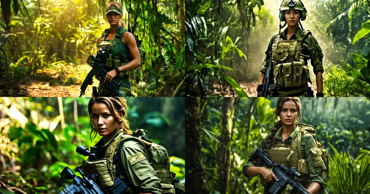 Lexica - Female commandos in jungle, perfect face, full camouflage, HDR ...