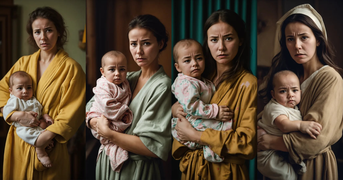 Lexica - A sad woman in a housecoat with a sad and pitiful face holds ...