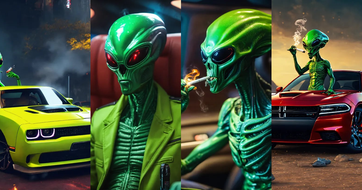 Lexica - Realistic alien smoking a blunt in 4k inside SRT dodge charger