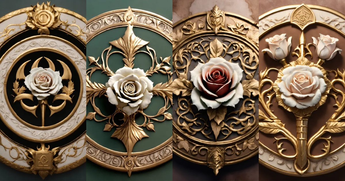 Lexica - Sigil crest of three white faded roses creating a trident with ...