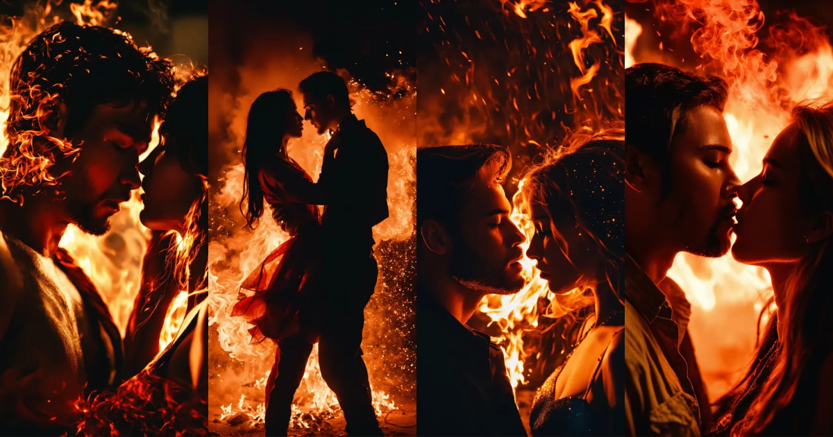 Lexica - Man and woman on fire in the dark kiss smoke close-up ...