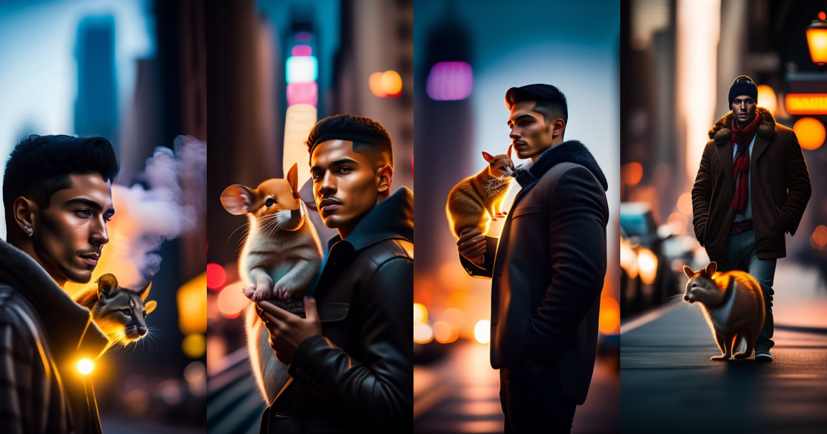 Lexica - Young Man log hair smoking holding a rat, long shot, cinematic ...