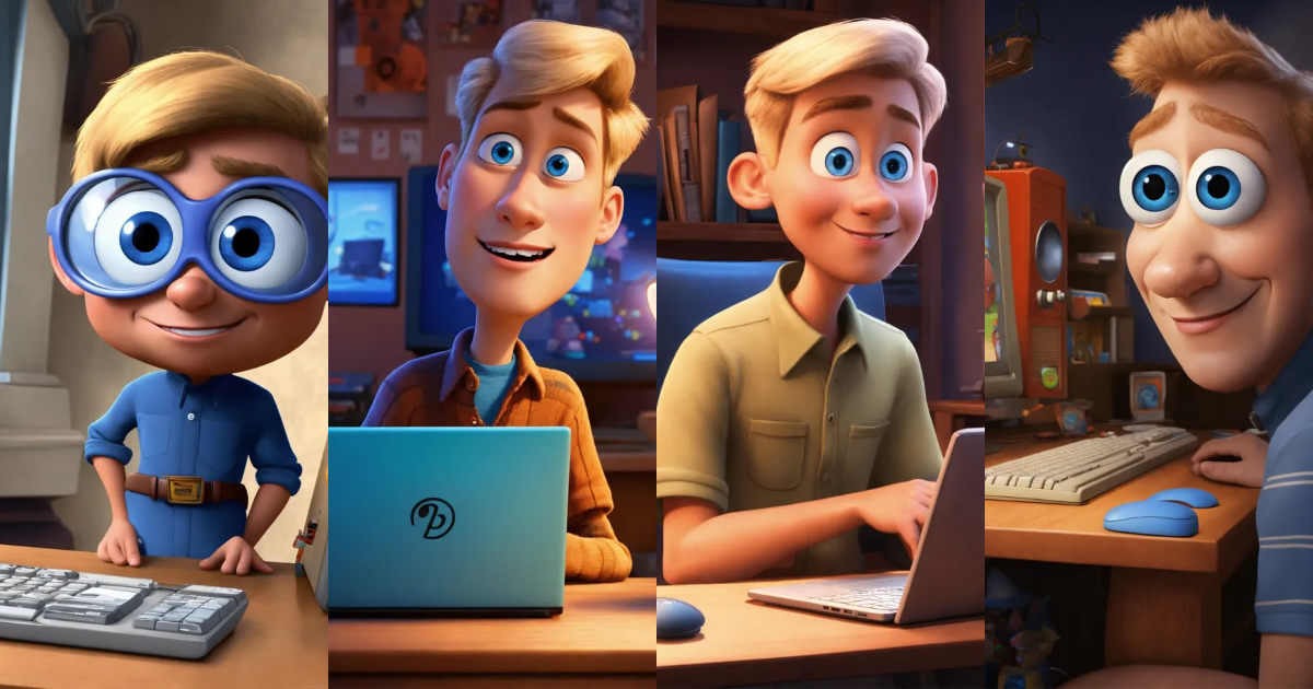 Lexica - Pixar man blode blue eyes big nouse qith computer cartoon