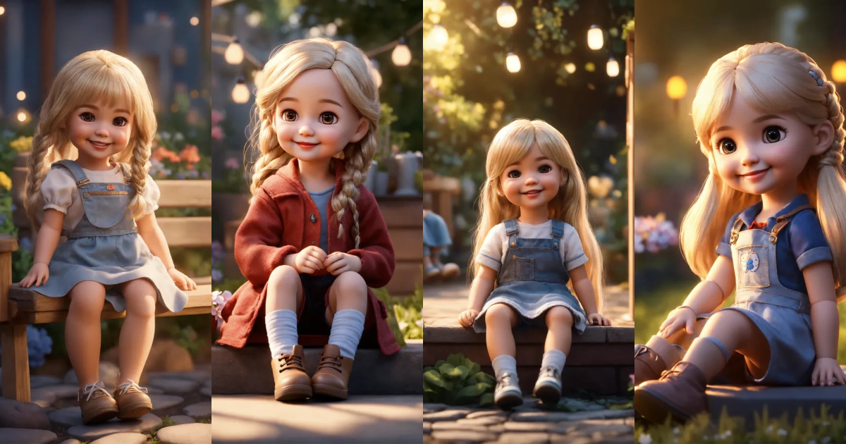 Lexica - Cute adorable doll style tiny girl smiling greeting me, long blond hair, unreal engine ...