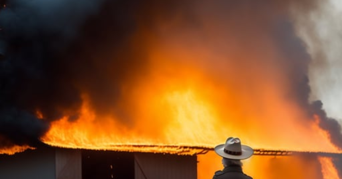Lexica - An old lady feeding cattle in a barn on fire