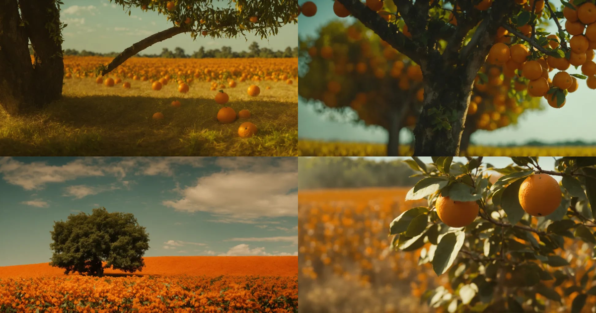 Lexica - Close up of orange in the tree in a blurred orange field ...