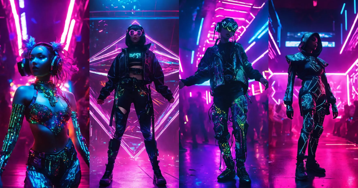 Lexica - Cyberpunk Raver dancing in diamond and shimmer black neon ...