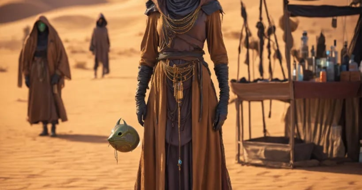 Lexica - Very slim and tall female alien creature merchant on a desert ...