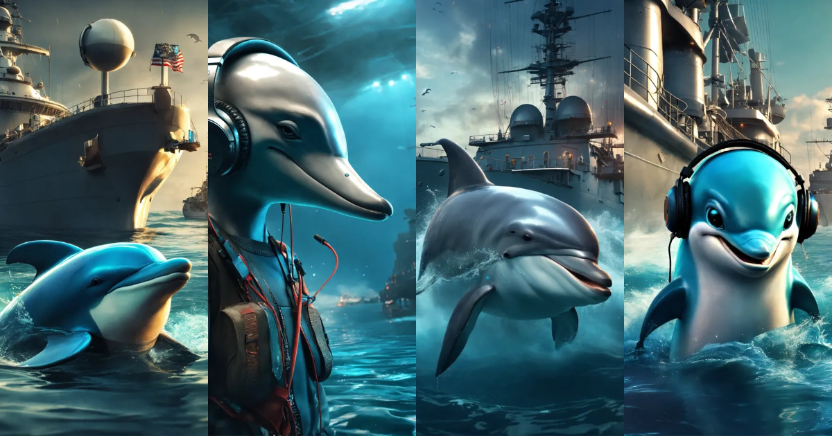 Lexica - A sad dolphin in large headphones looks out of the water at an ...