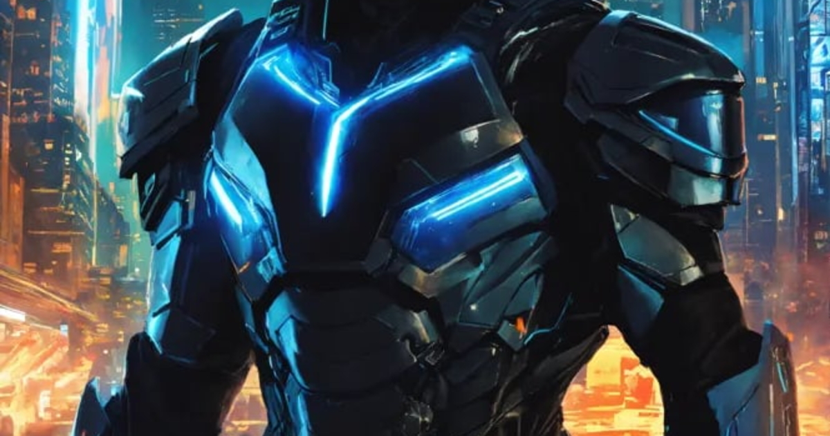 Lexica - Futuristic superhero, wearing suit of black armor, neon blue ...