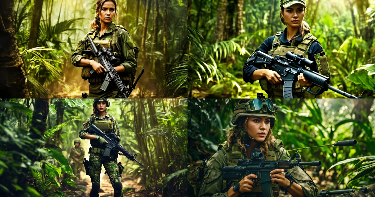 Lexica - Female commandos in jungle, perfect face, full camouflage, HDR ...