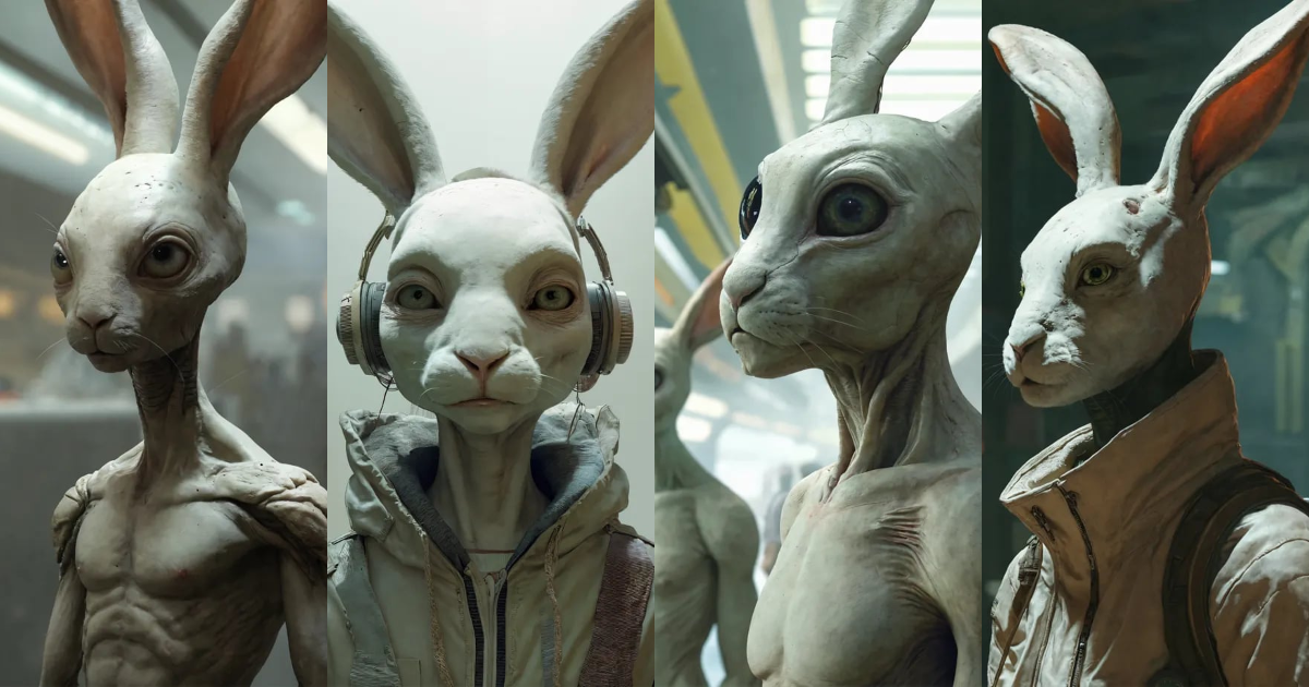 Lexica - Realistic human, rabbit and alien hybrid in a society