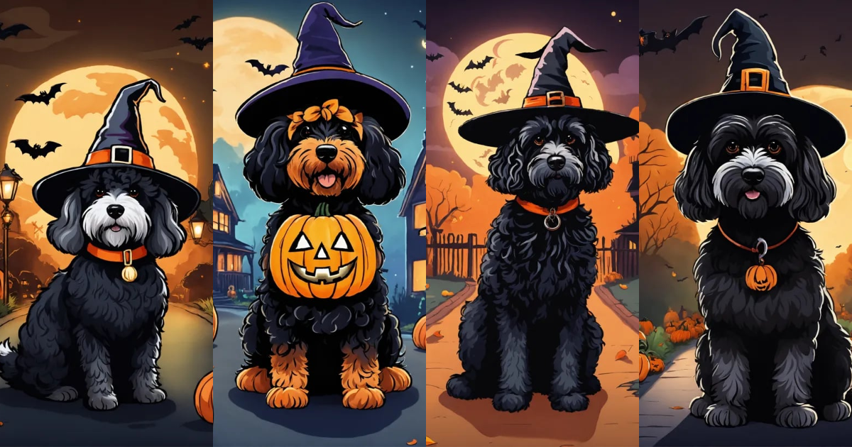 Lexica - Black cockapoo with white belly and chin fur, wearing a witch ...