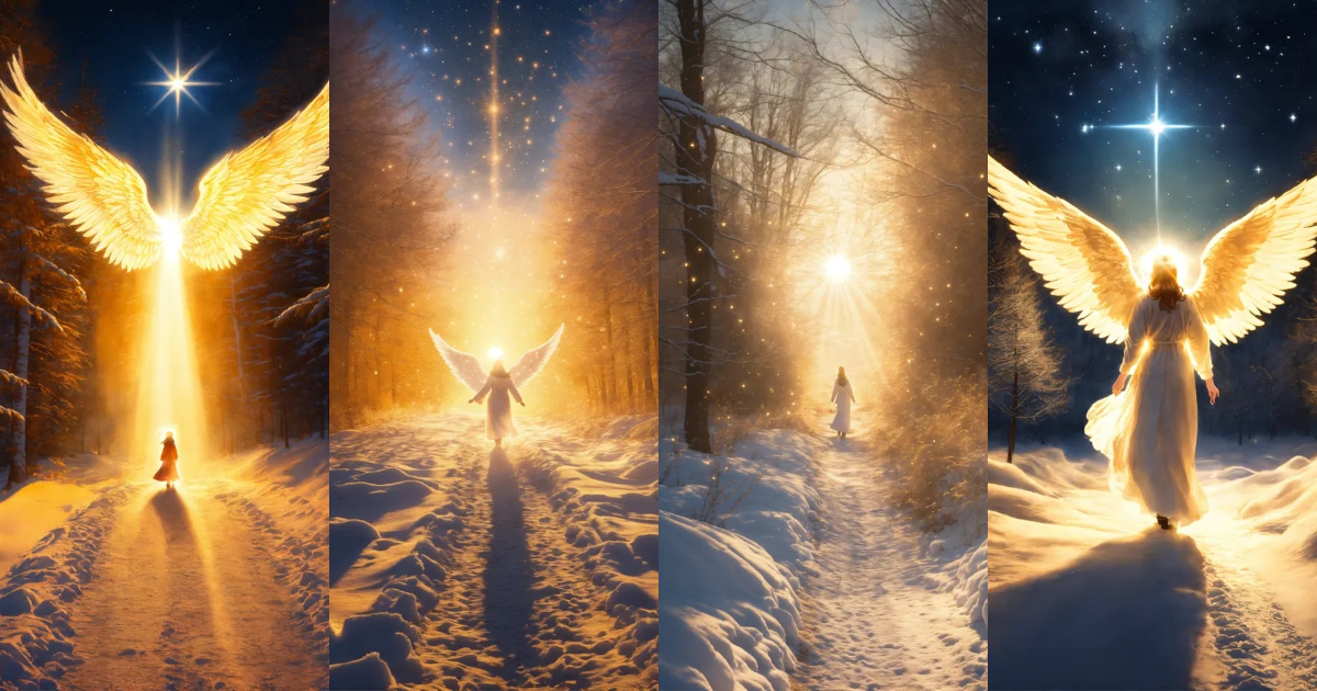 Lexica - An lightfull angel goes in the sun towards the sun on a path into the future in winter ...