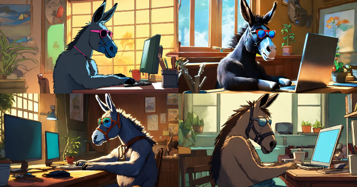 Lexica - A donkey with sunglasses black in the neck, sitting at a desk ...