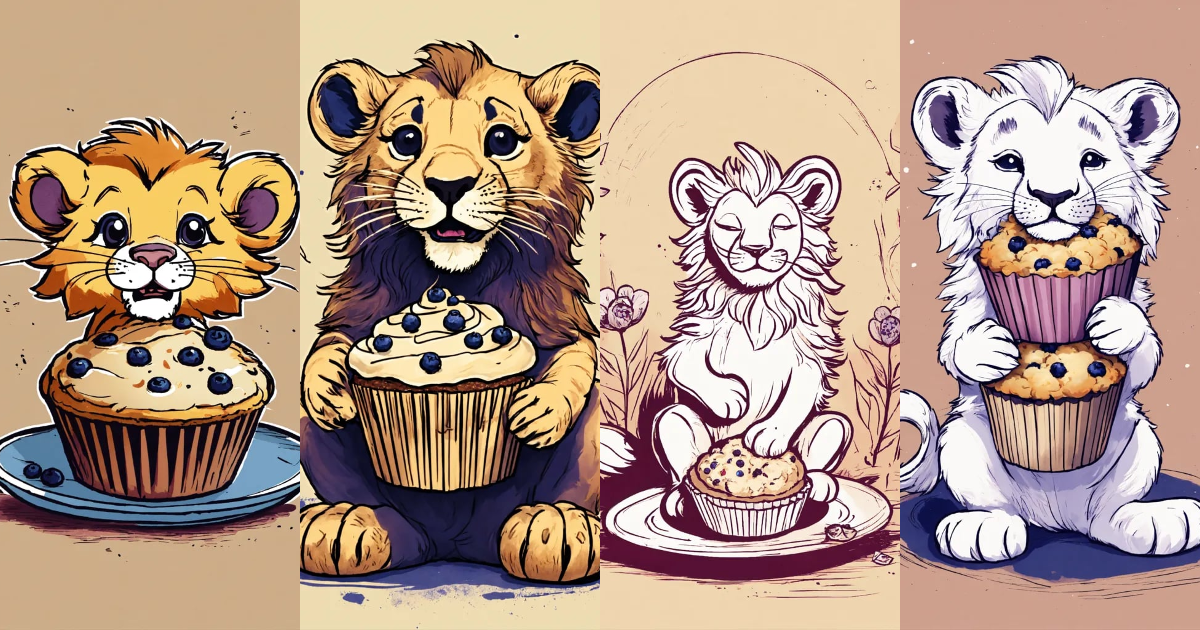 Lexica - A small lion holding a piece of a blueberry muffin with its ...