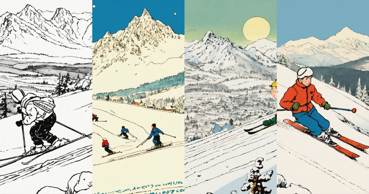 Lexica - Pen and ink, illustrated by hergé, sprites skiing down a slope
