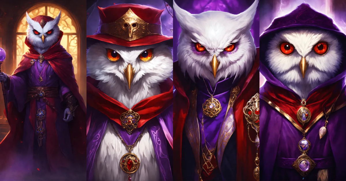 Lexica - Fantasy Portrait of a owlin sorcerer, white face, evil red ...