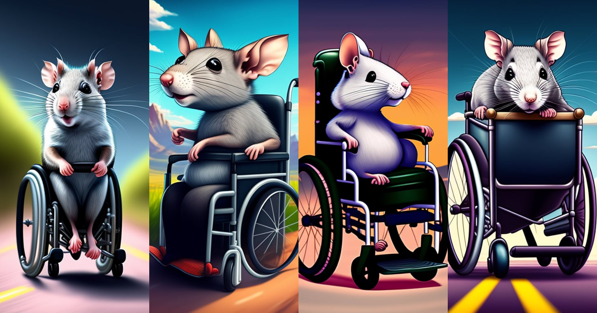 Lexica - A grey rat riding a wheelchair in the middle of nowhere ...