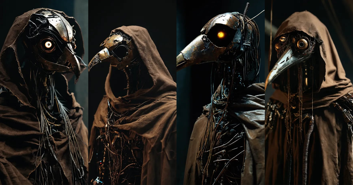 Lexica - Robot, bronze metal bird mask, realistically scary eyes, wires ...