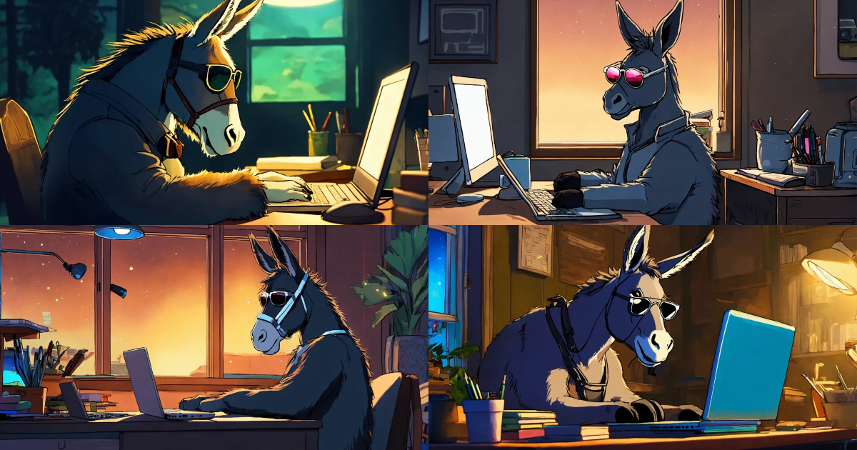Lexica - A donkey with sunglasses black, at night, sitting at a desk ...