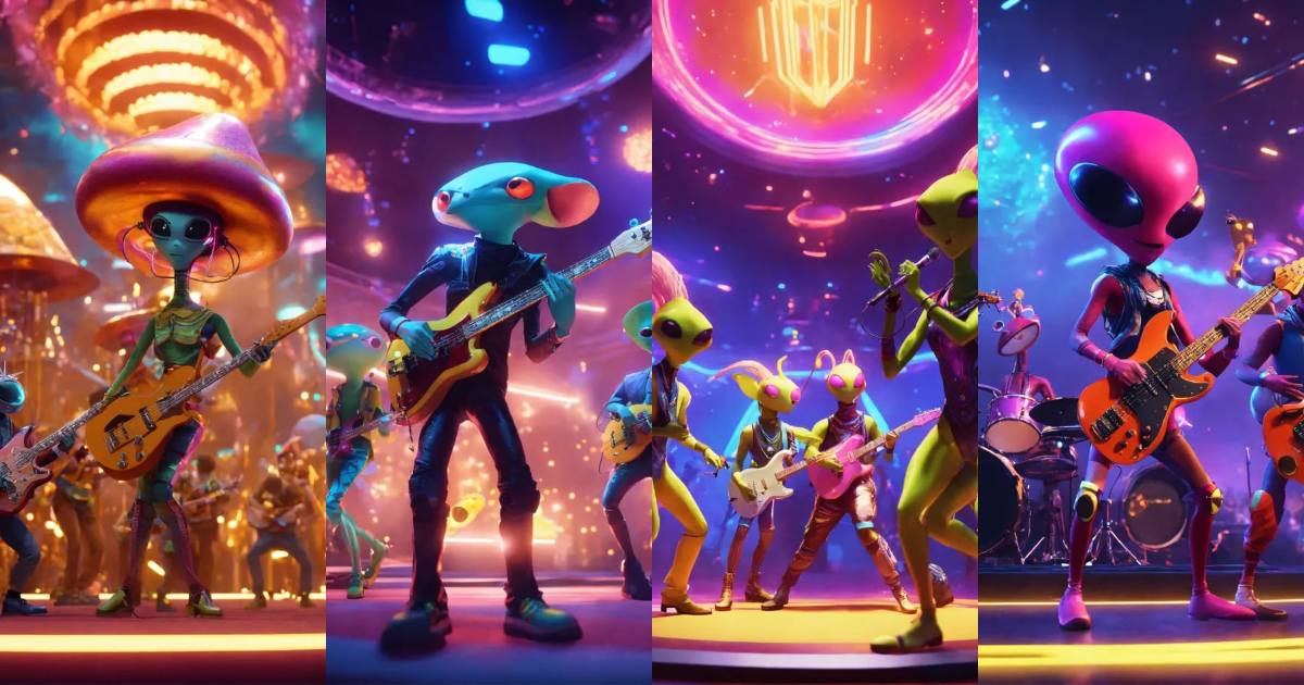 Lexica - Zoom out on tall funky big rockstar band playing a hi-tech ...