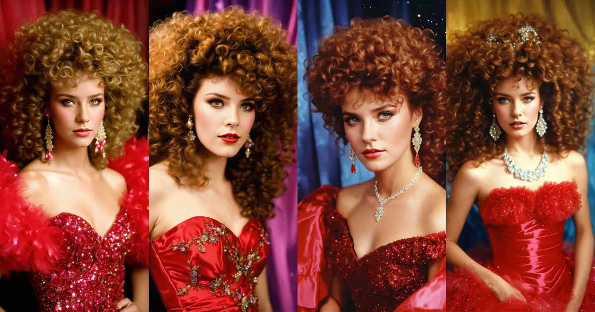 Lexica - "pretty 80s prom queen", massive red 80s perm curls, huge ...