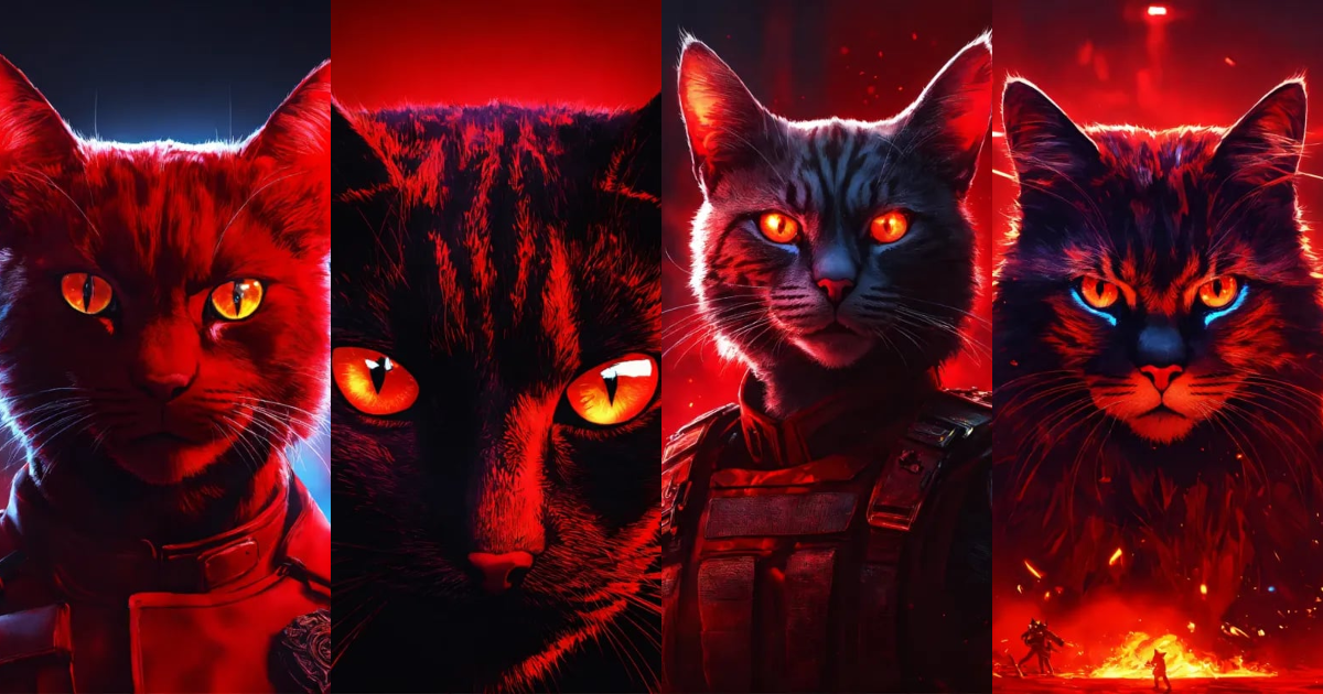Lexica - Create a red background, with an cat villain, with glowing ...
